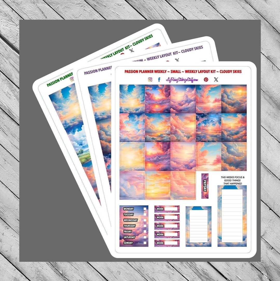 CLOUDY SKIES - Weekly Layout Kit - for the Small, Medium and Large Size Weekly Passion Planners ...
