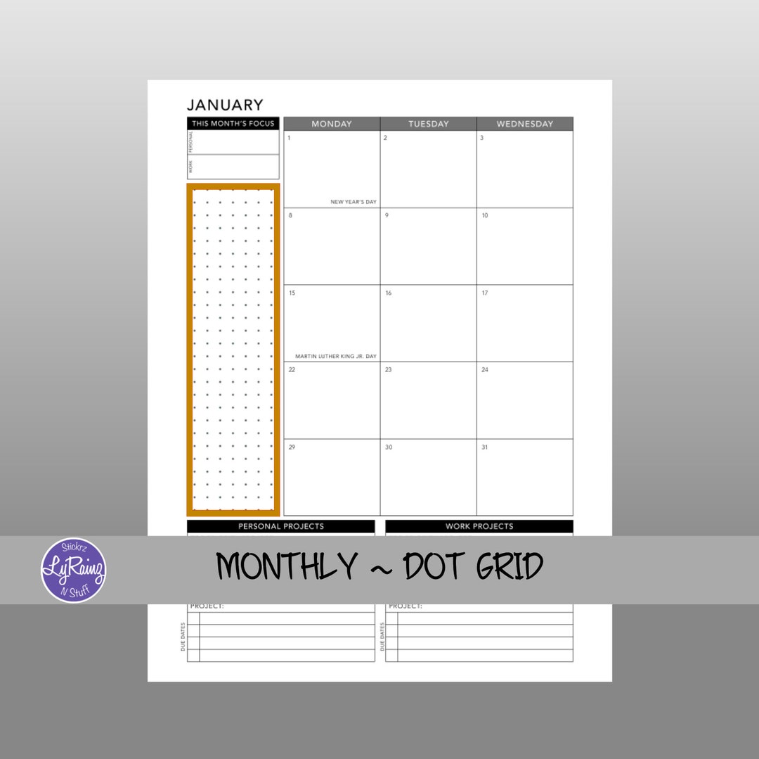 SIDE BARS - DOT Grid - (monthly Layout) Stickers for the Small, Medium ...