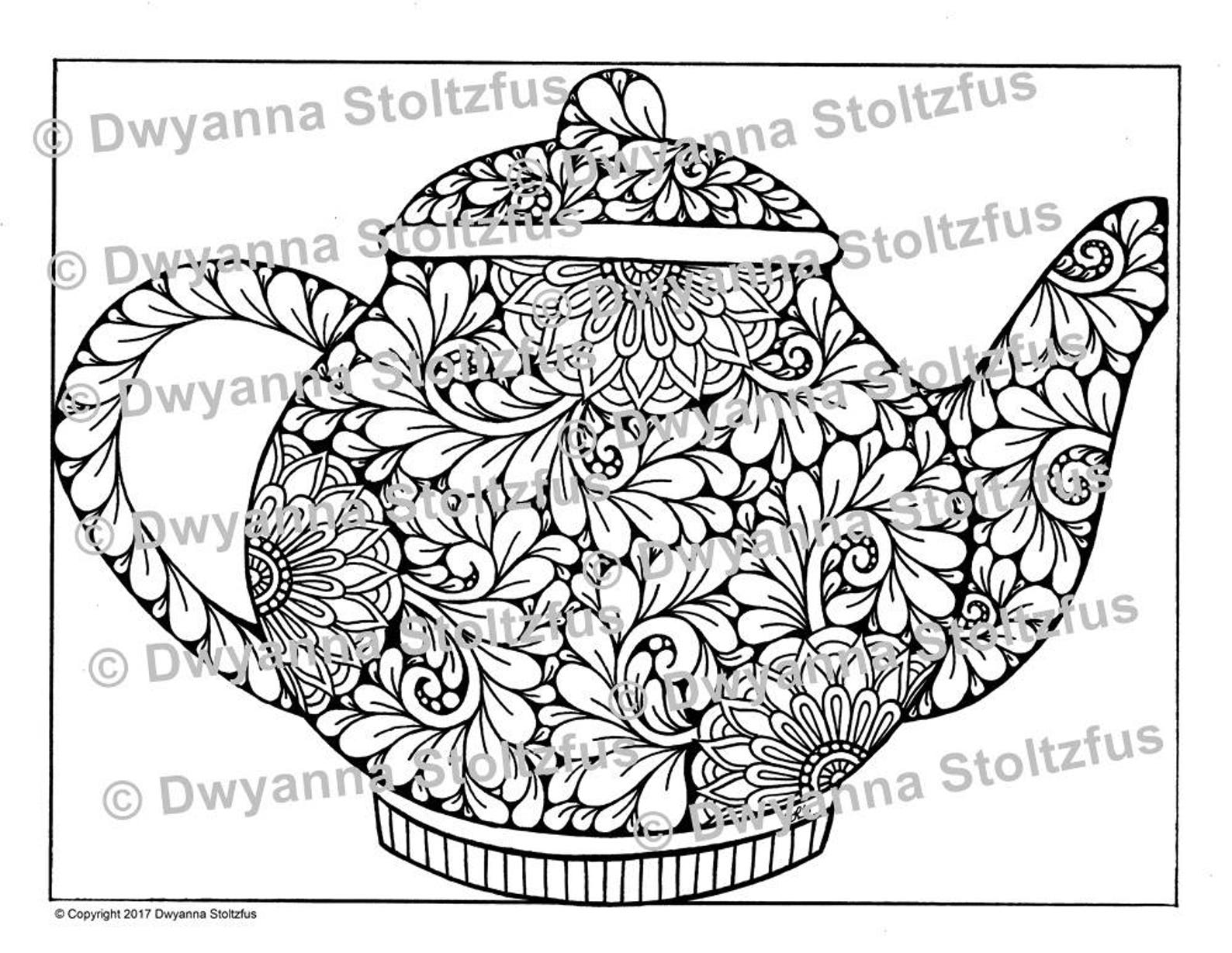 Floral Tea Pot Coloring Page JPG | Etsy