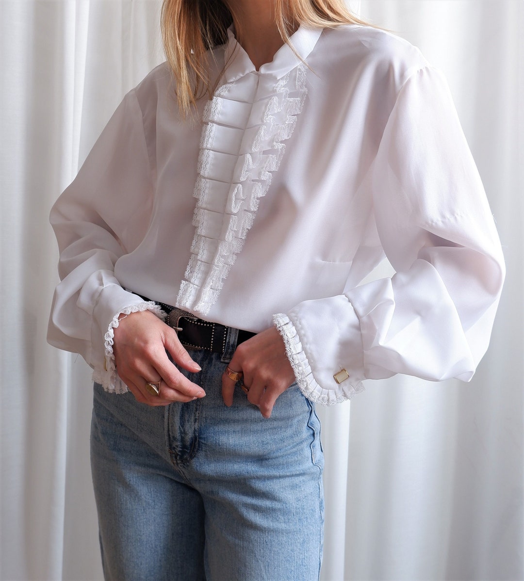 1980s Ruffle Details Blouse, Damaged L - Etsy
