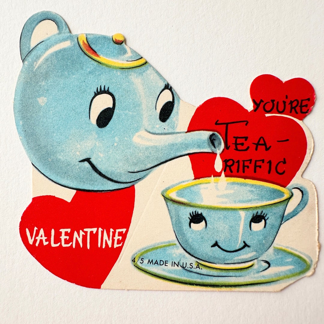 Blue Anthropomorphic Teapot Teacup You're Tea-riffic Vintage Valentine ...