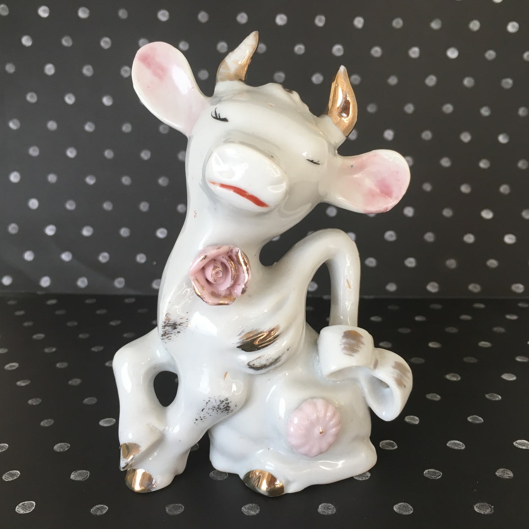 White Cow W/gold Colored Accents & Pink Rose Ceramic Vintage - Etsy
