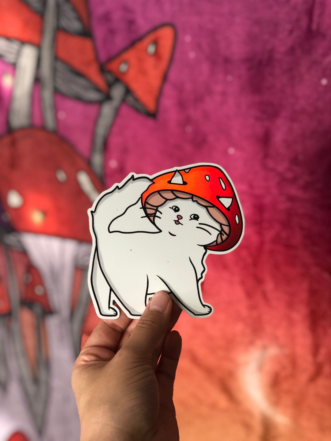 White Mushroom Cat Sticker Cottage Core, Cute White Cat, Mushroomcore ...