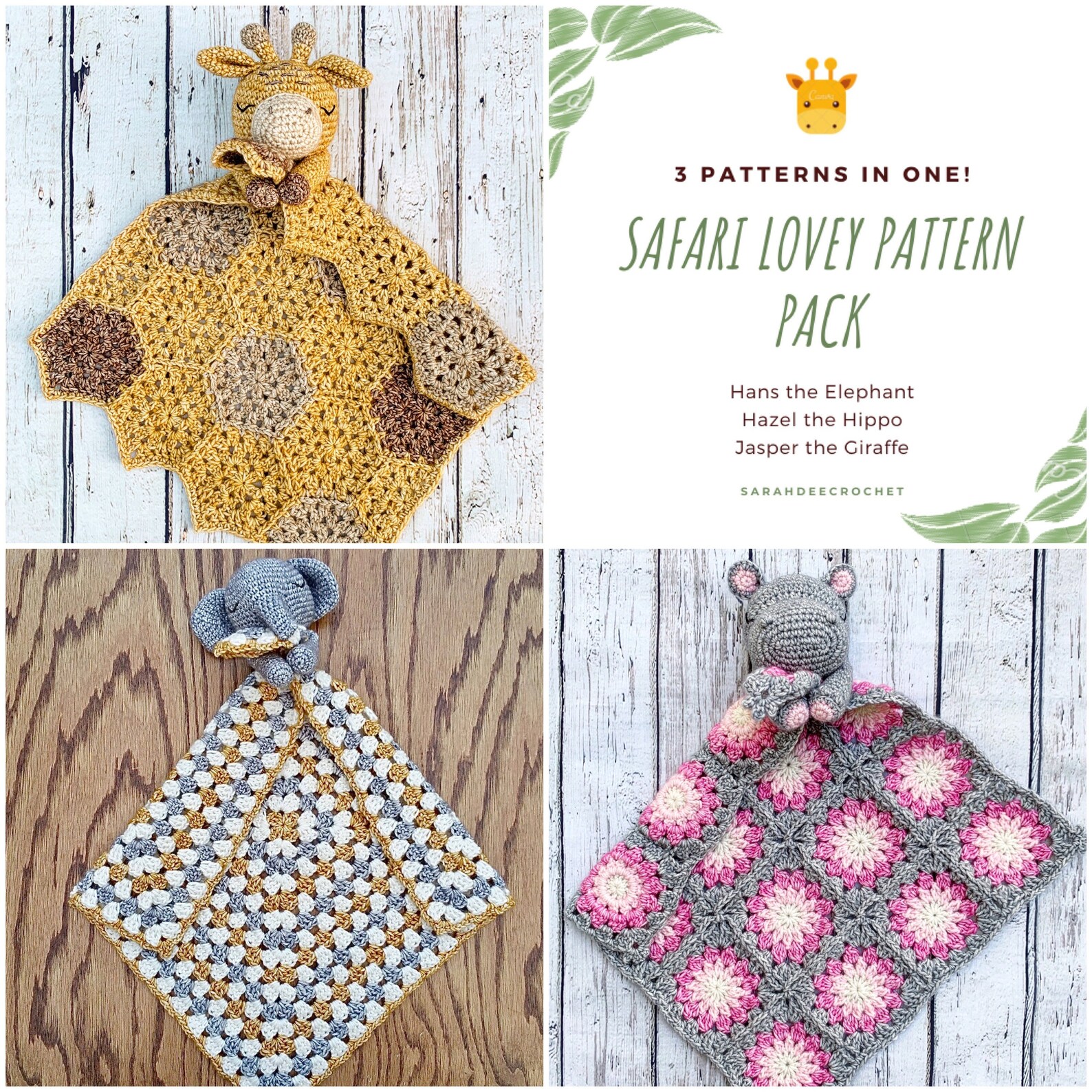 Safari Lovey Crochet Pattern Pack - Hans the Elephant - Hazel the Hippo ...
