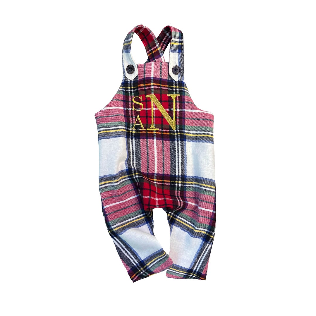 Tartan Plaid Christmas Overalls, Embroidered Boys Romper, Holiday ...