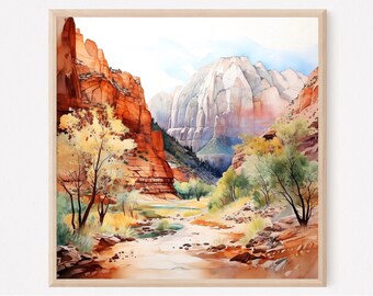 Zion National Park Print, the Cliffs of Zion, Watercolor Painting, Utah ...