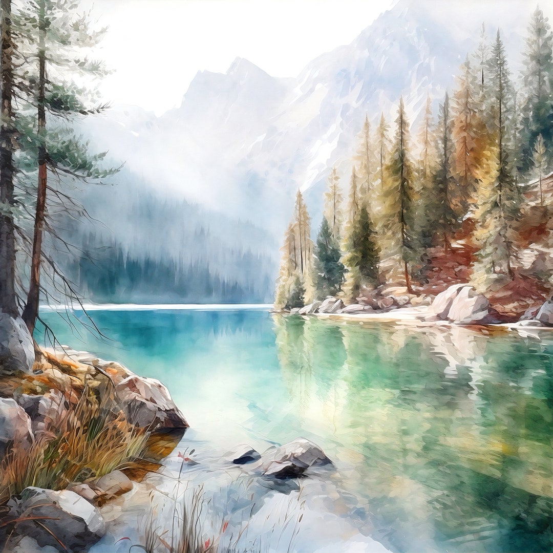 Banff Painting Canada Watercolor Art Print Mountain Lake Landscape Wall ...