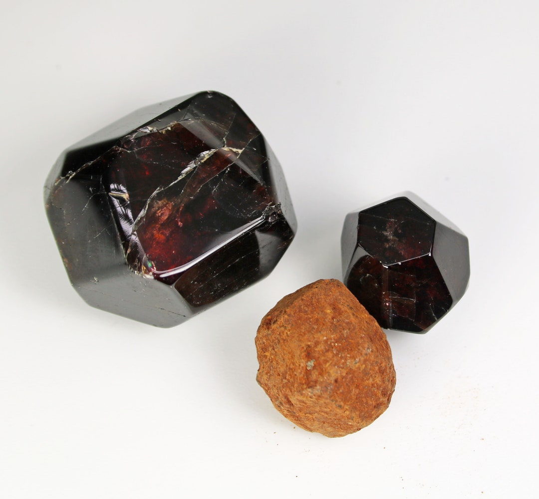 Natural Almandine Garnet Crystal Set, Two Polished Garnets, One Raw ...