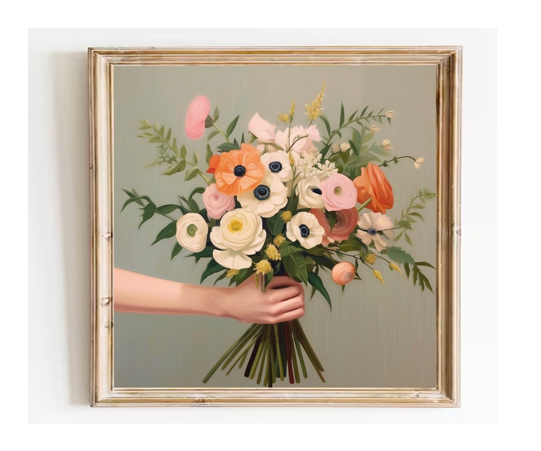 Flower Art Painting, Hand Holding Bouquet of Flowers, Art Print ...
