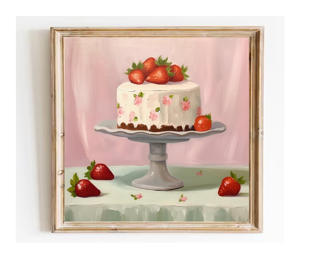 Strawberry Cake Art Prints, Food Art, Wall Decor, Dessert Whimsical Art ...