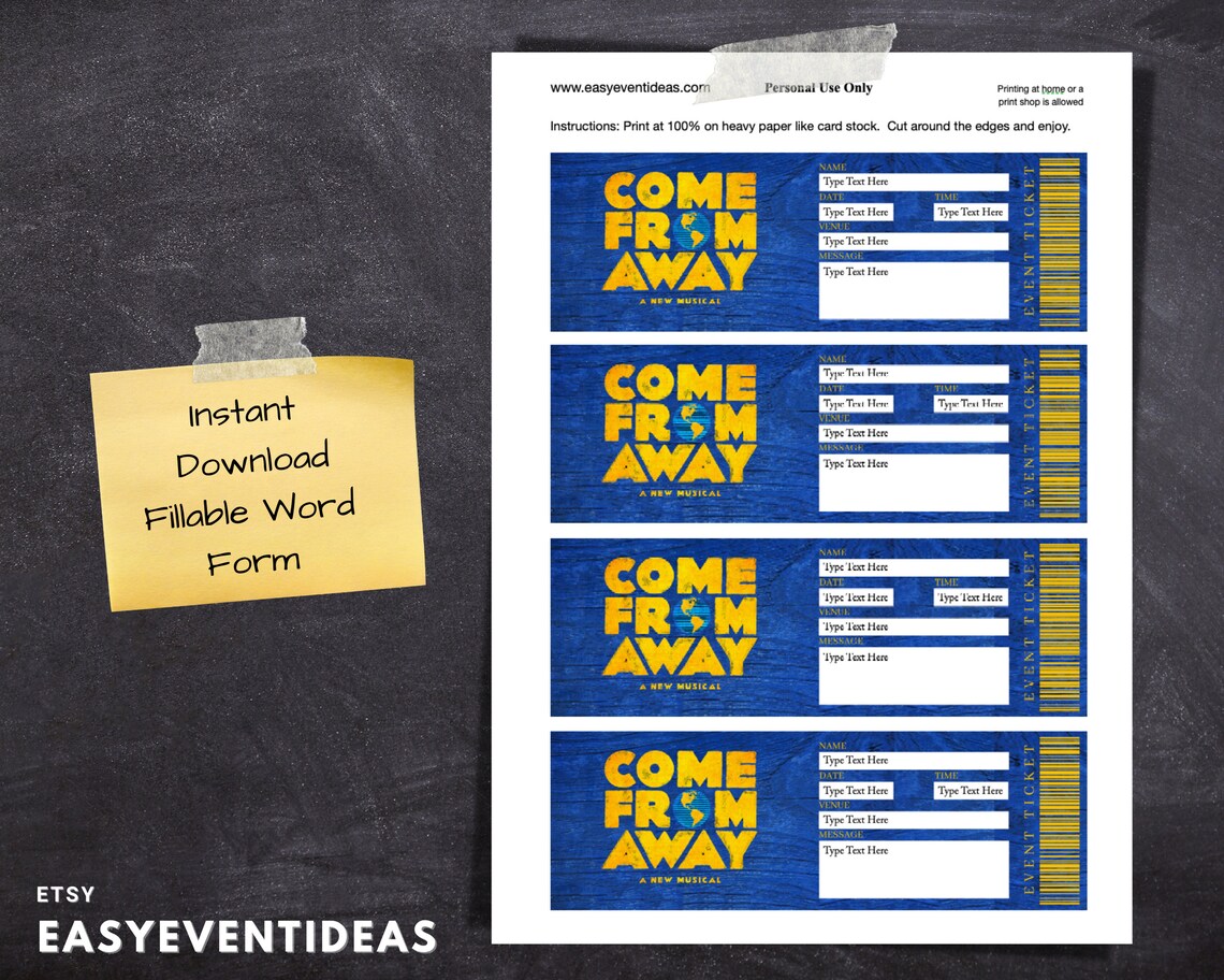 Printable Come From Away Ticket | Editable Come From Away Tickets ...