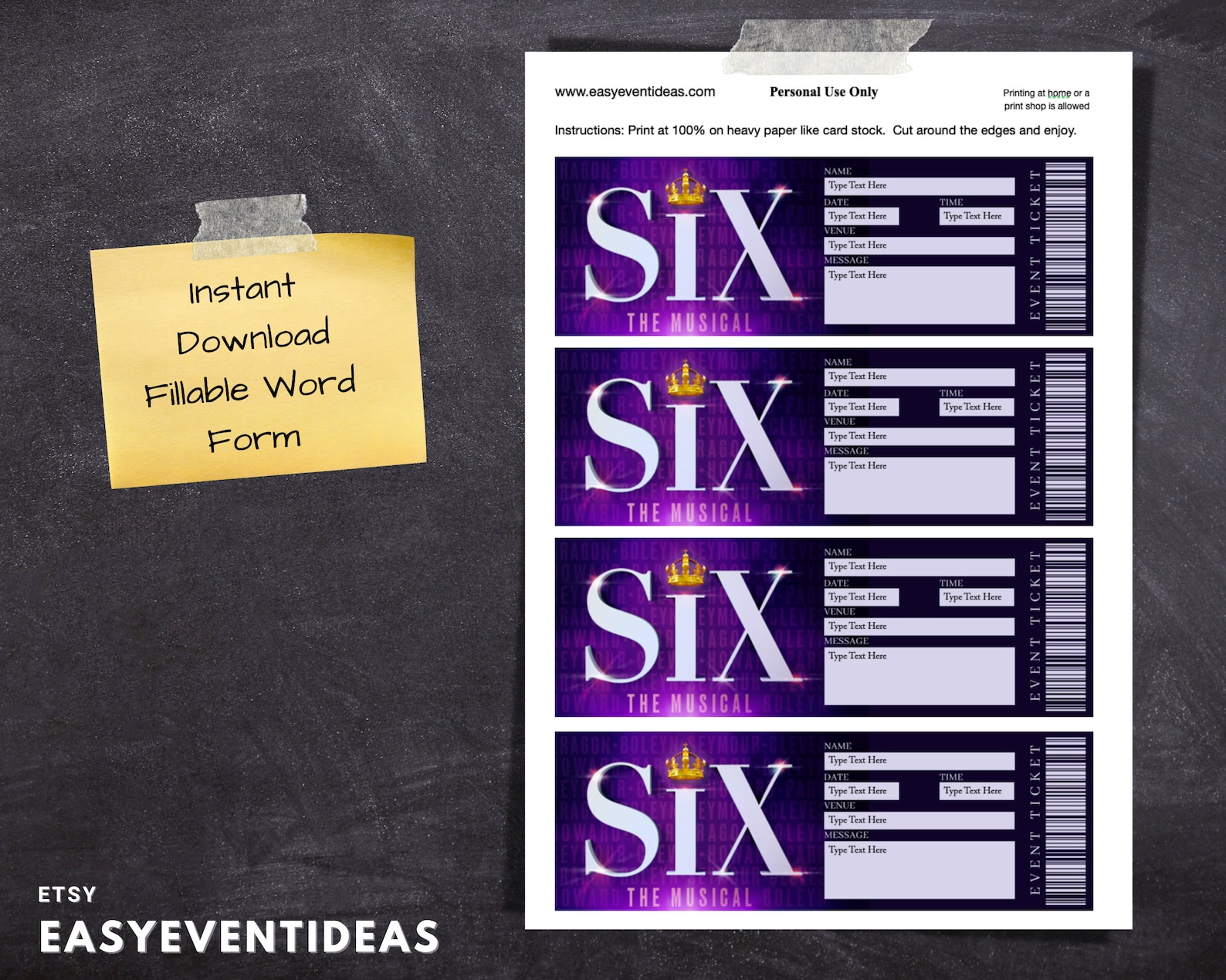 Printable Six the Musical Ticket | Editable Tickets | Musical Fake ...