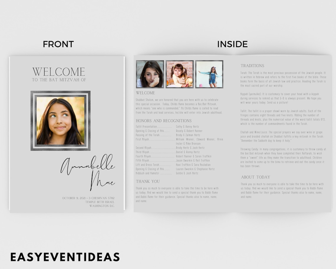 Bar Mitzvah Program, Bat Mitzvah Program, Personalized Folded Mitzvah ...