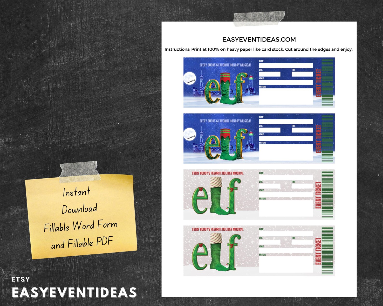 Printable Elf the Musical Ticket Editable Ticket Musical Fake Surprise ...