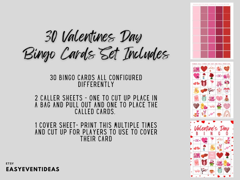 30 Printable Valentine's Day Bingo Cards, School Valentine's Day Party ...