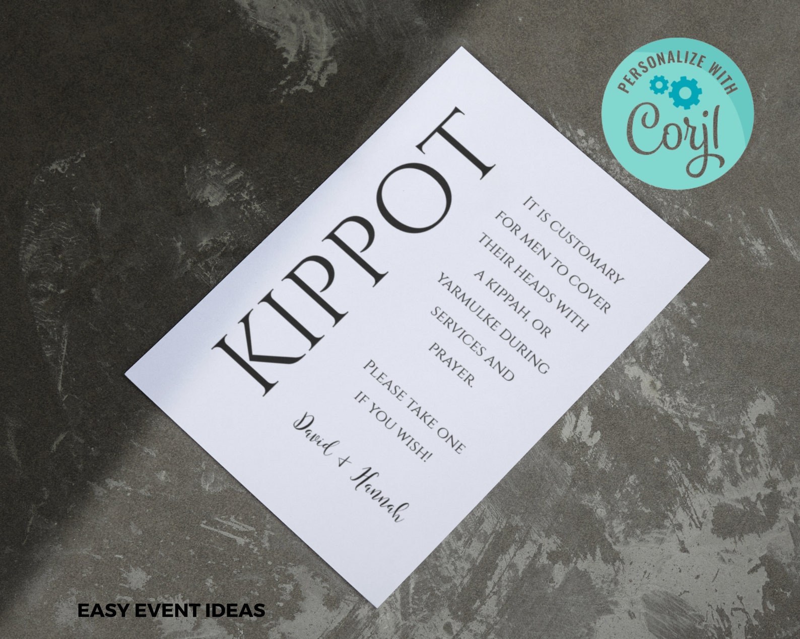Kippot Sign Template, Printable Minimalist Kippah Sign, Jewish Wedding ...