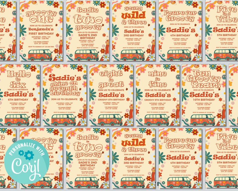 Retro Birthday, Party Hippie 70s Party Invitation, Editable Digital ...