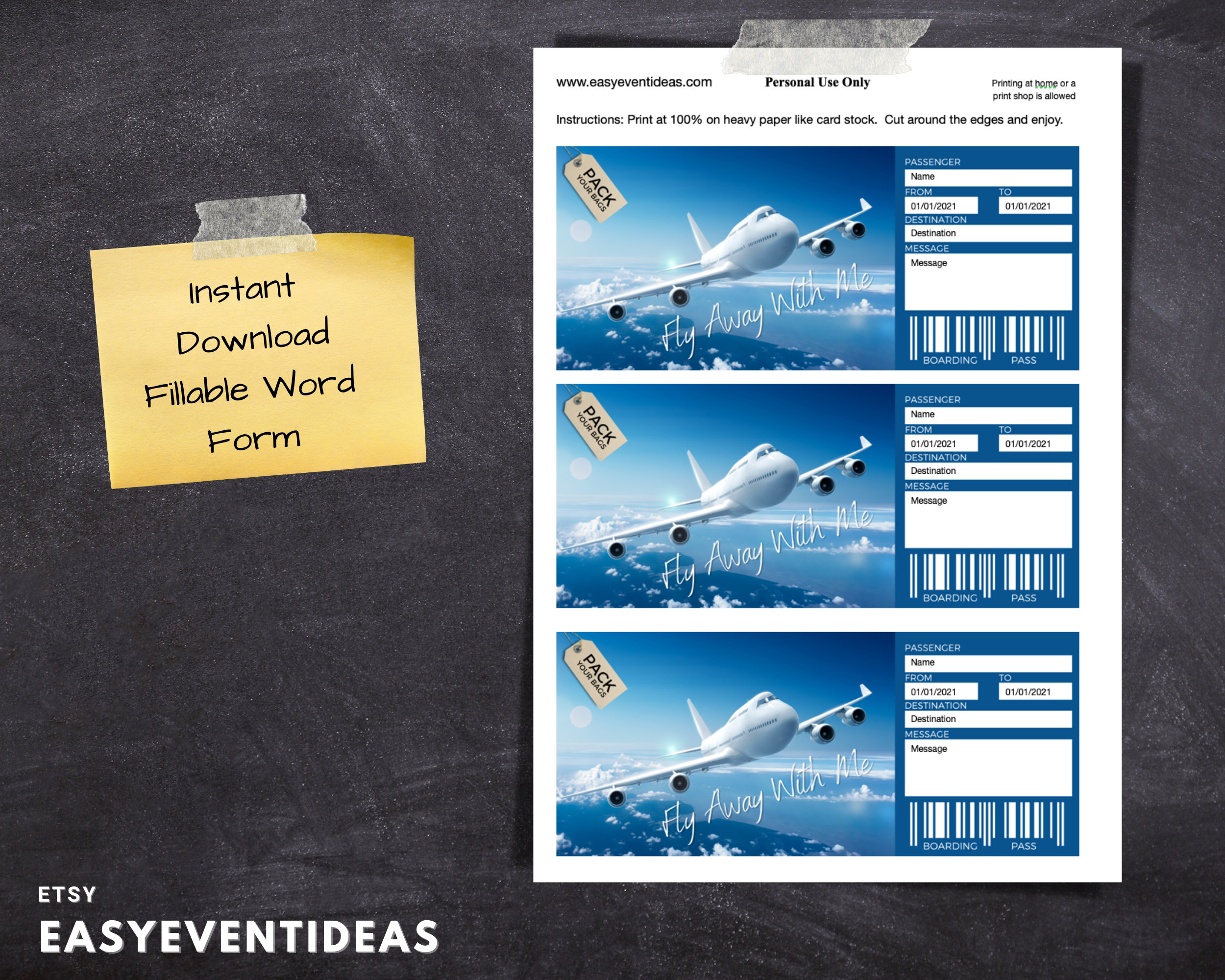 Billet d'avion modifiable | Carte d'embarquement vacances surprise (à ...
