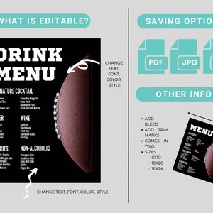 Editable FOOTBALL Party Bar Menu, Game Day Drink Sign, Super Bowl Menu ...