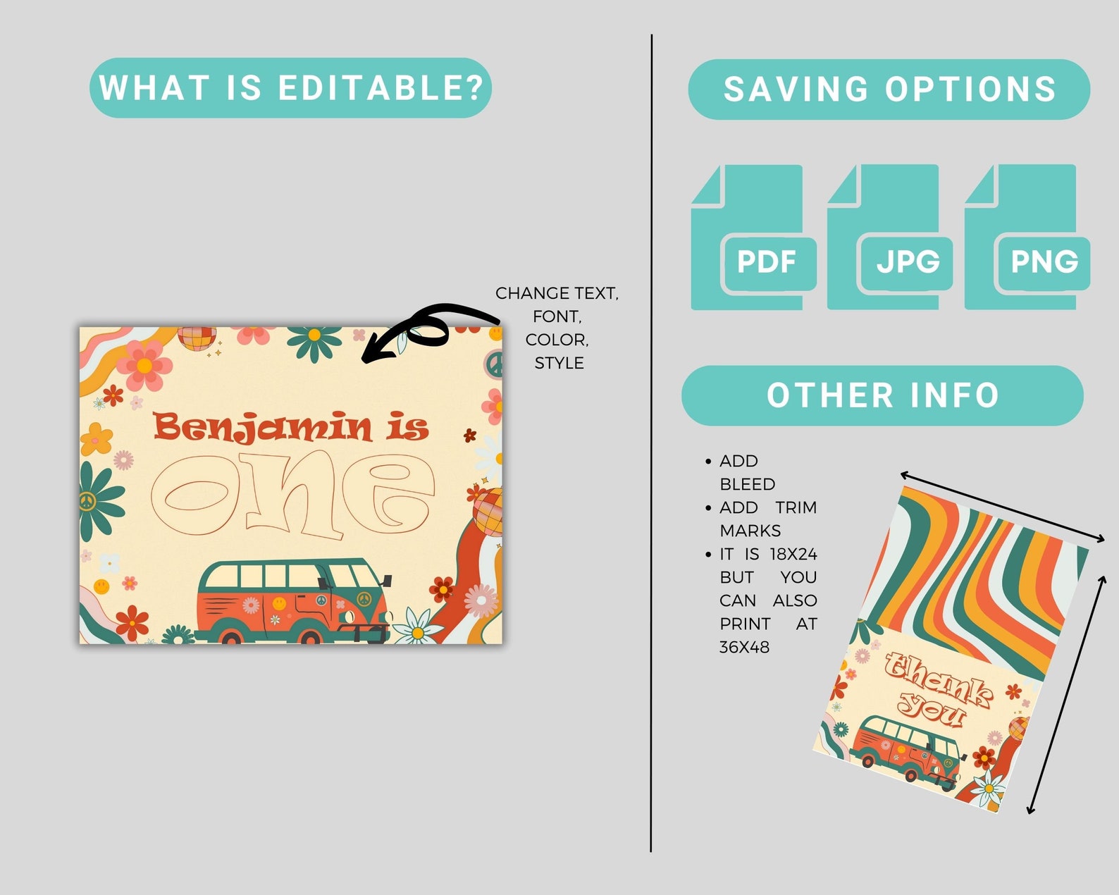 Retro Birthday Backdrop, Groovy Birthday Backdrop, Party Hippie 70s ...