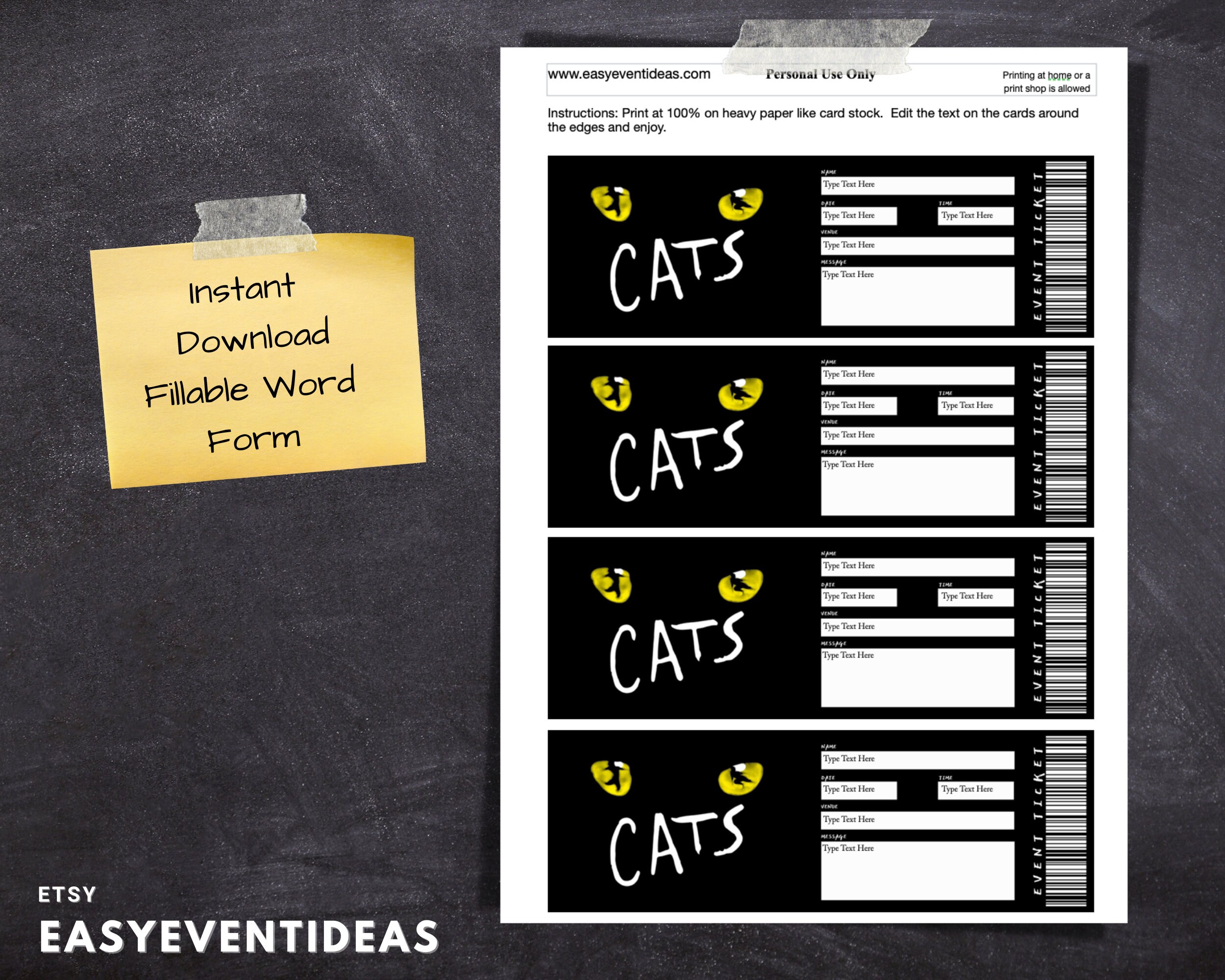 Printable Cats the Musical Ticket Editable Cats Tickets Musical Fake ...
