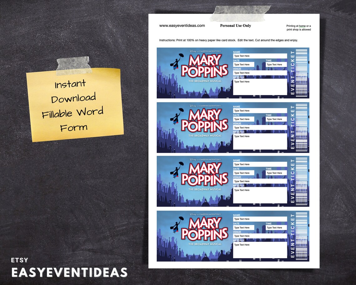 Printable Mary Poppins Ticket | Editable Tickets | Musical Fake ...