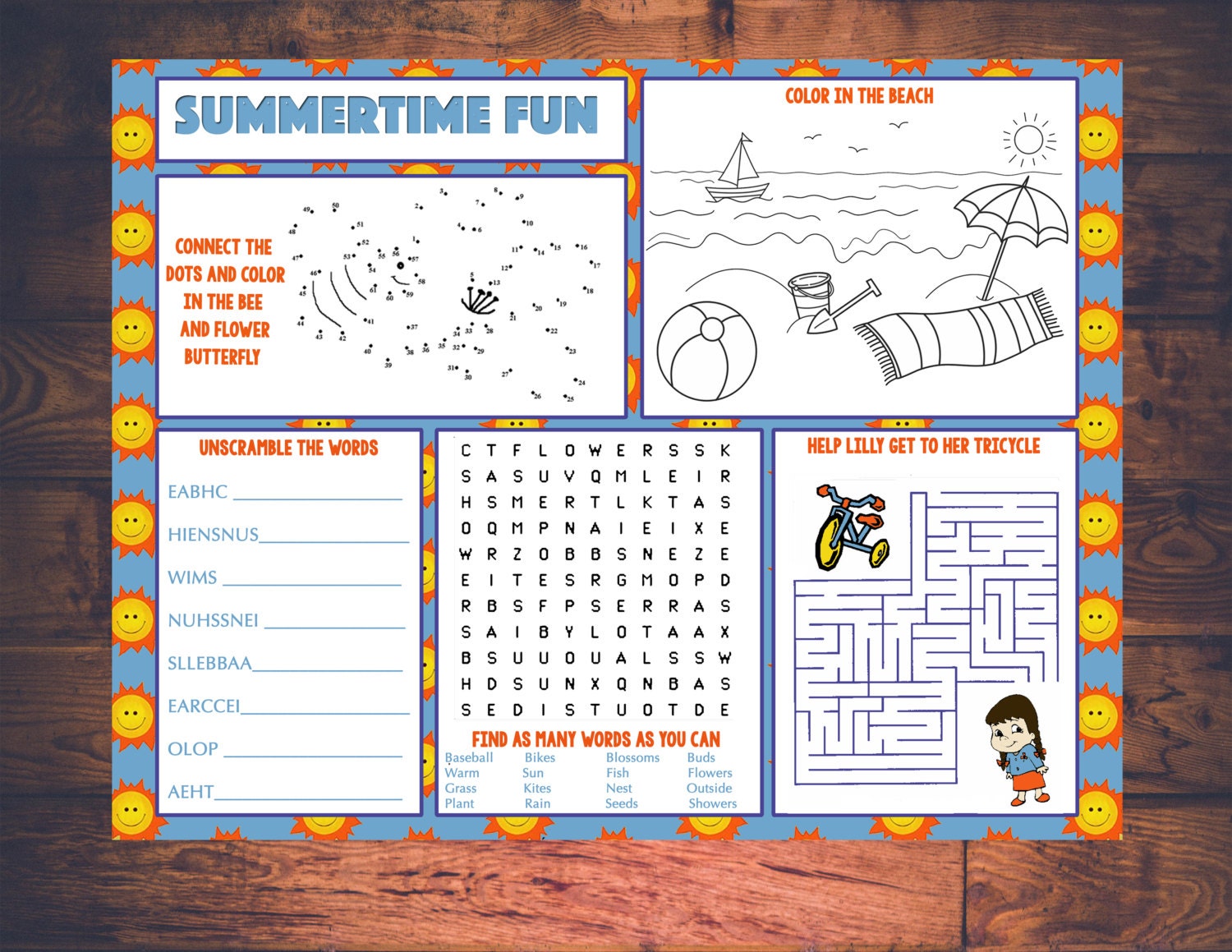 Kids Summertime Activity Printable Placemat Instant Download - Etsy