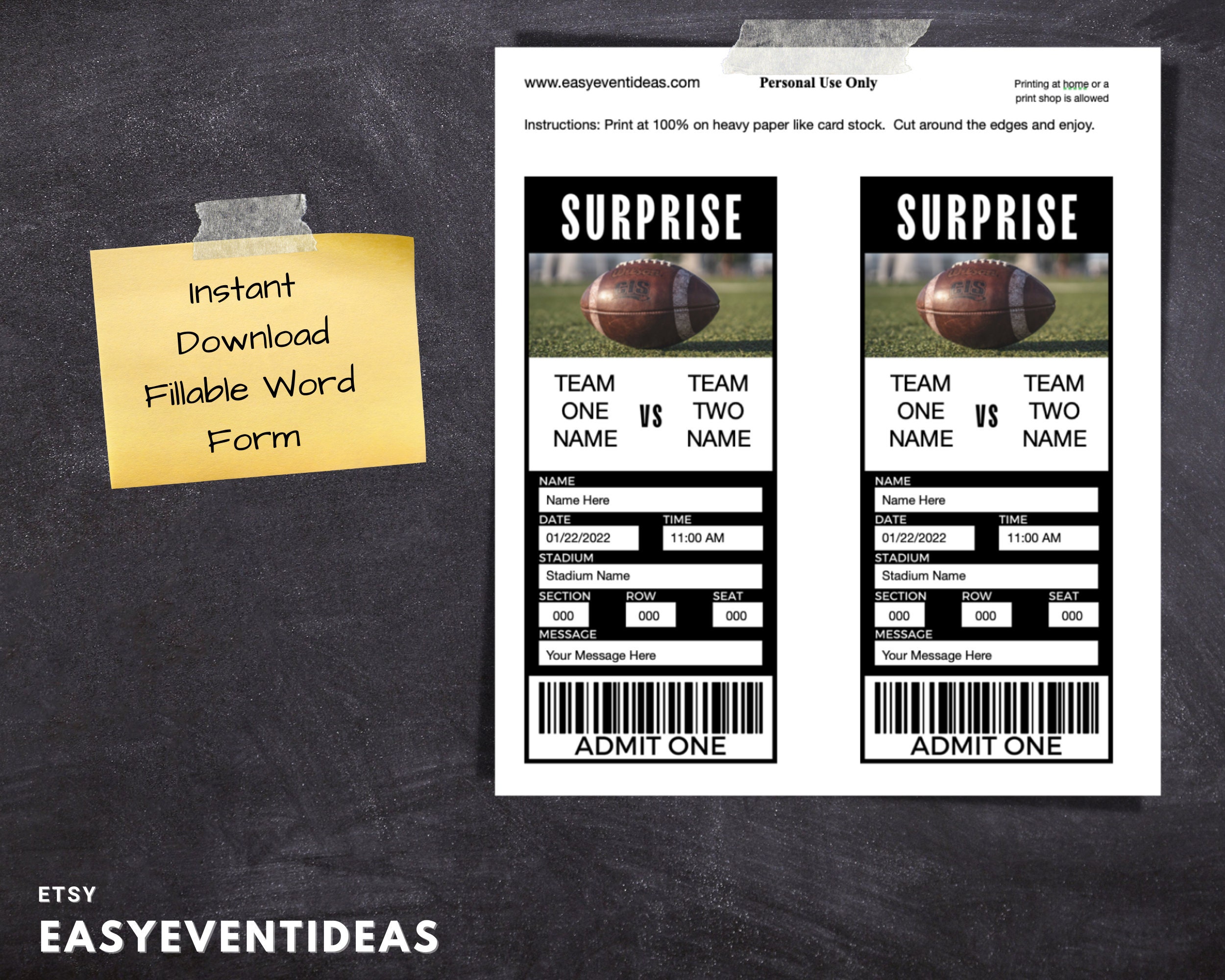 Printable Surprise Football Ticket | Keepsake Gift (instant Download ...