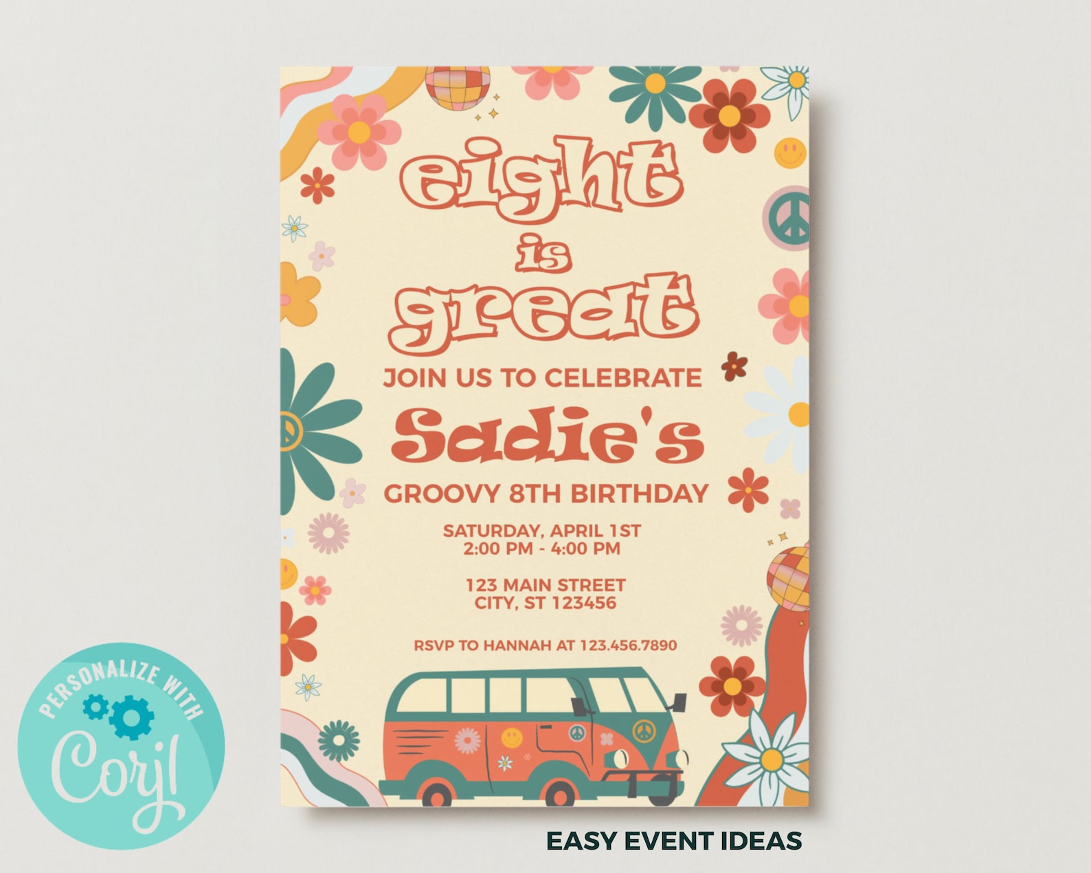 Retro Birthday, Party Hippie 70s Party Invitation, Editable Digital ...
