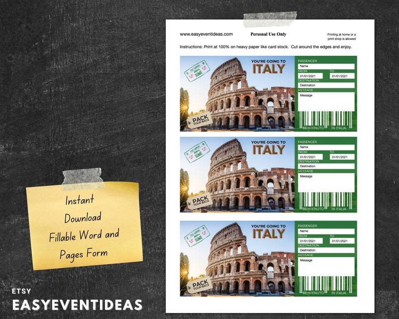 Printable Italy Ticket | Editable Holiday Italy Tickets | Surprise ...
