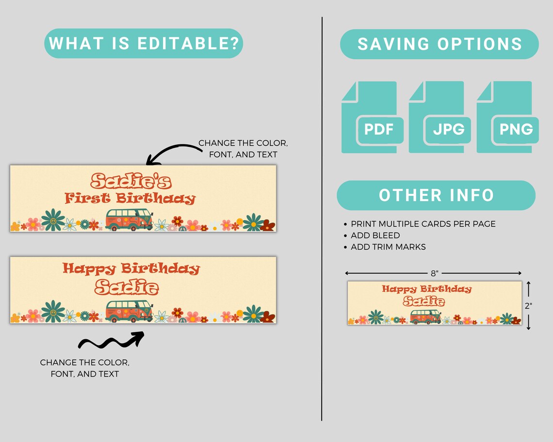 Retro Birthday Water Bottle Labels, Groovy 70s Party (editable Digital ...