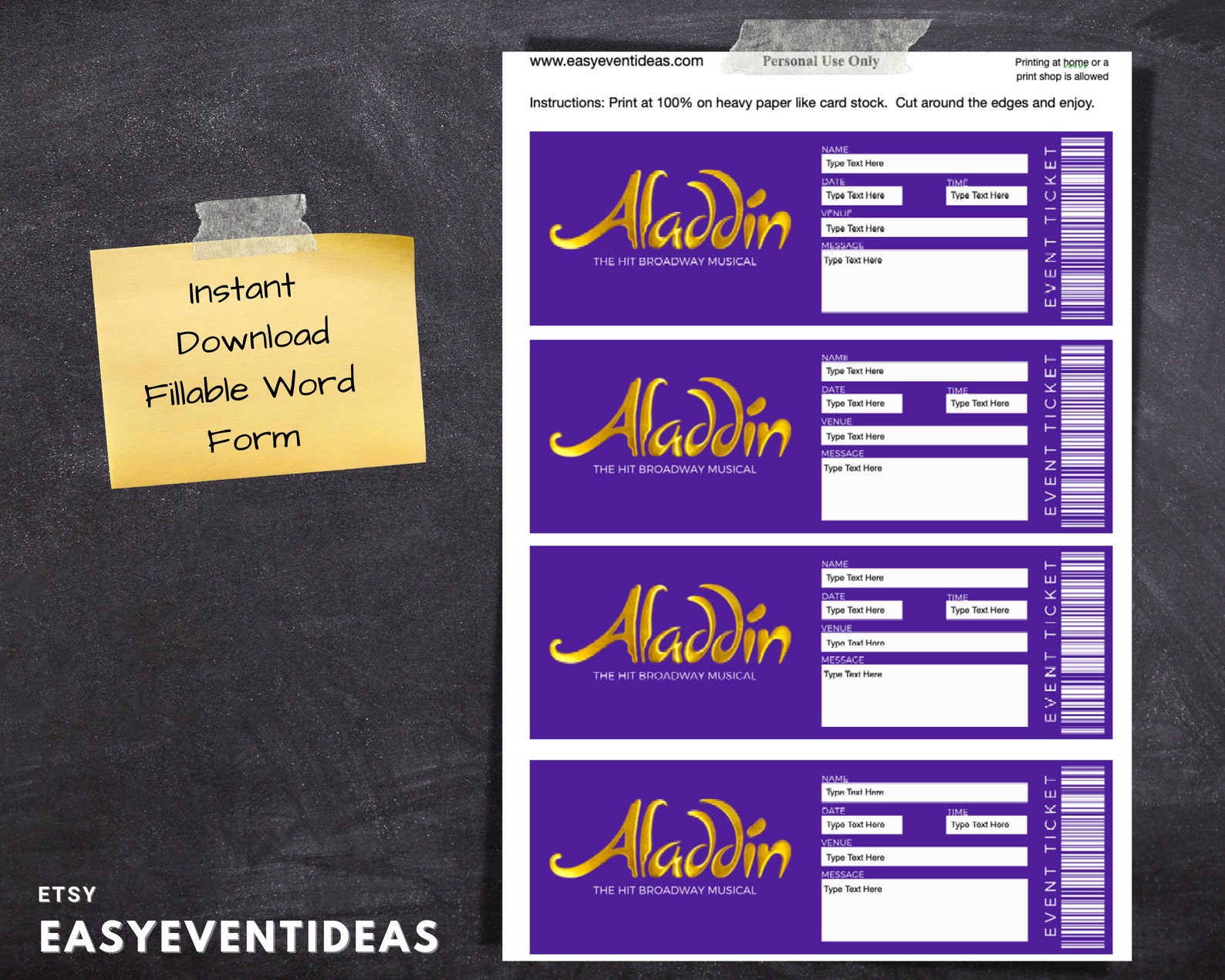 Printable Aladdin Ticket | Editable Aladdin Tickets | Musical Fake ...