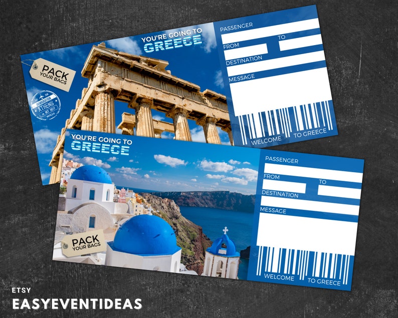 Printable Greece Ticket, Editable Holiday Greece Tickets, Surprise ...
