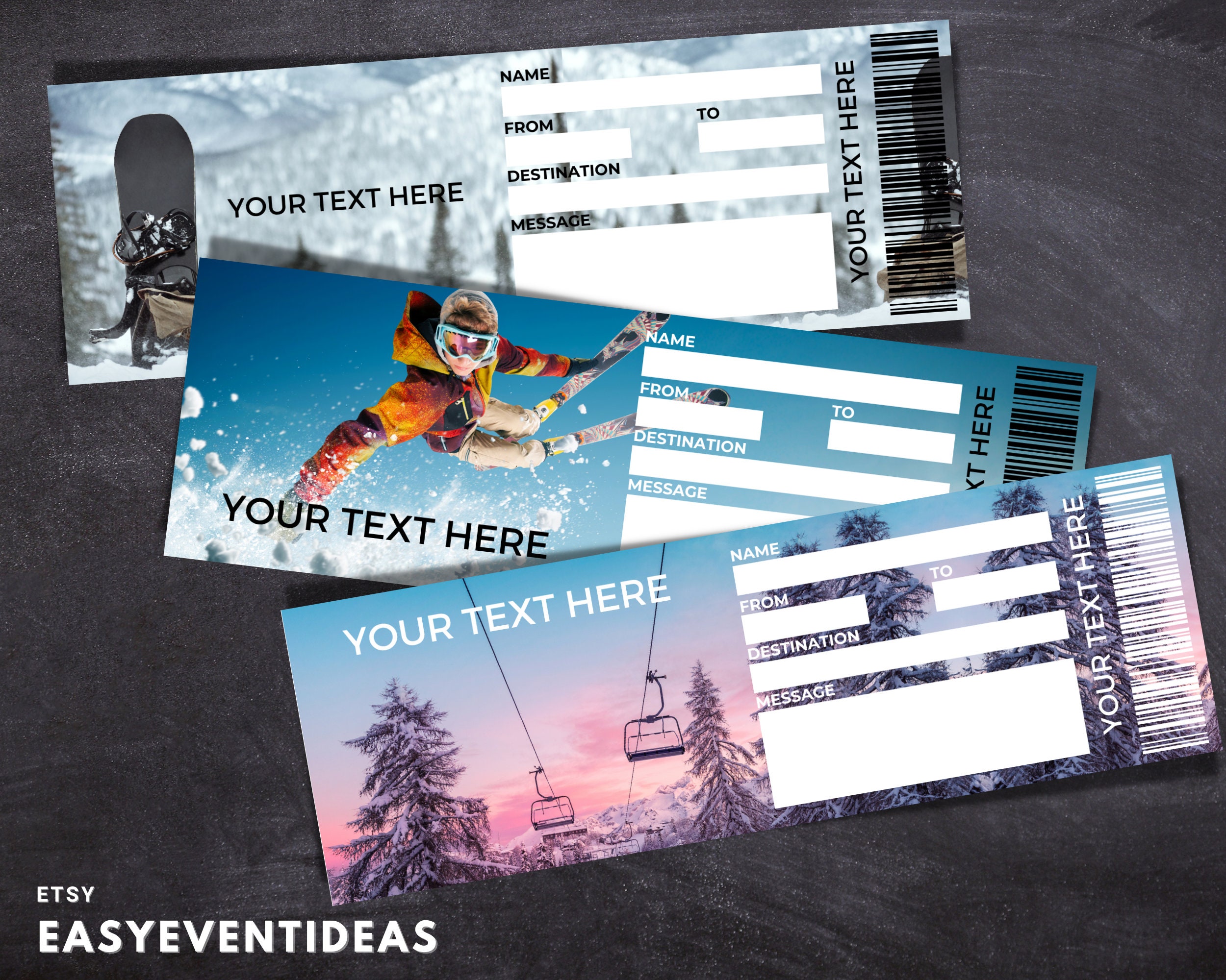 Printable Mountain Ski Snowboard Trip Ticket | Editable Tickets | Fake ...