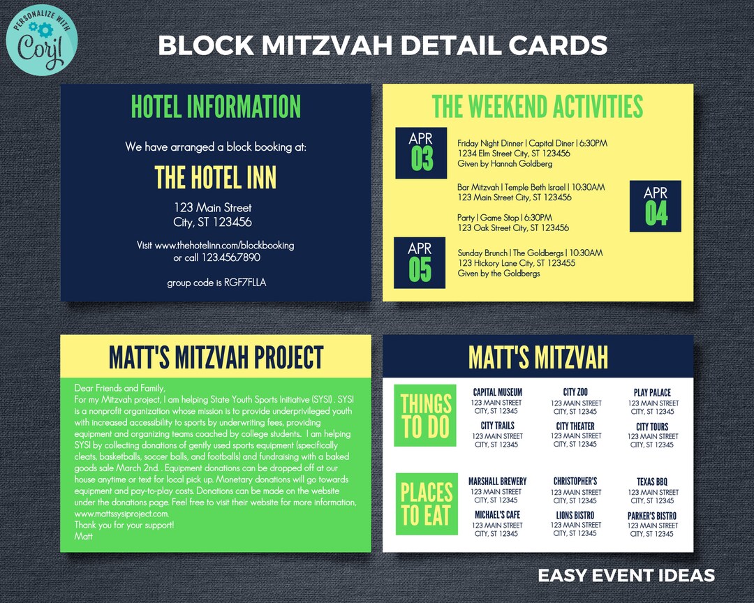 Block Mitzvah Details Cards, Bat Mitzvah Details Cards, Bar Mitzvah ...
