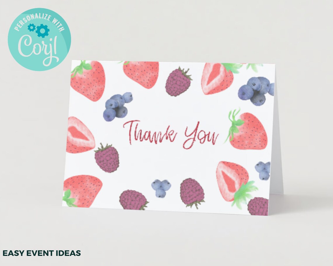 Berry First Birthday Thank You Card, Editable Template (digital ...