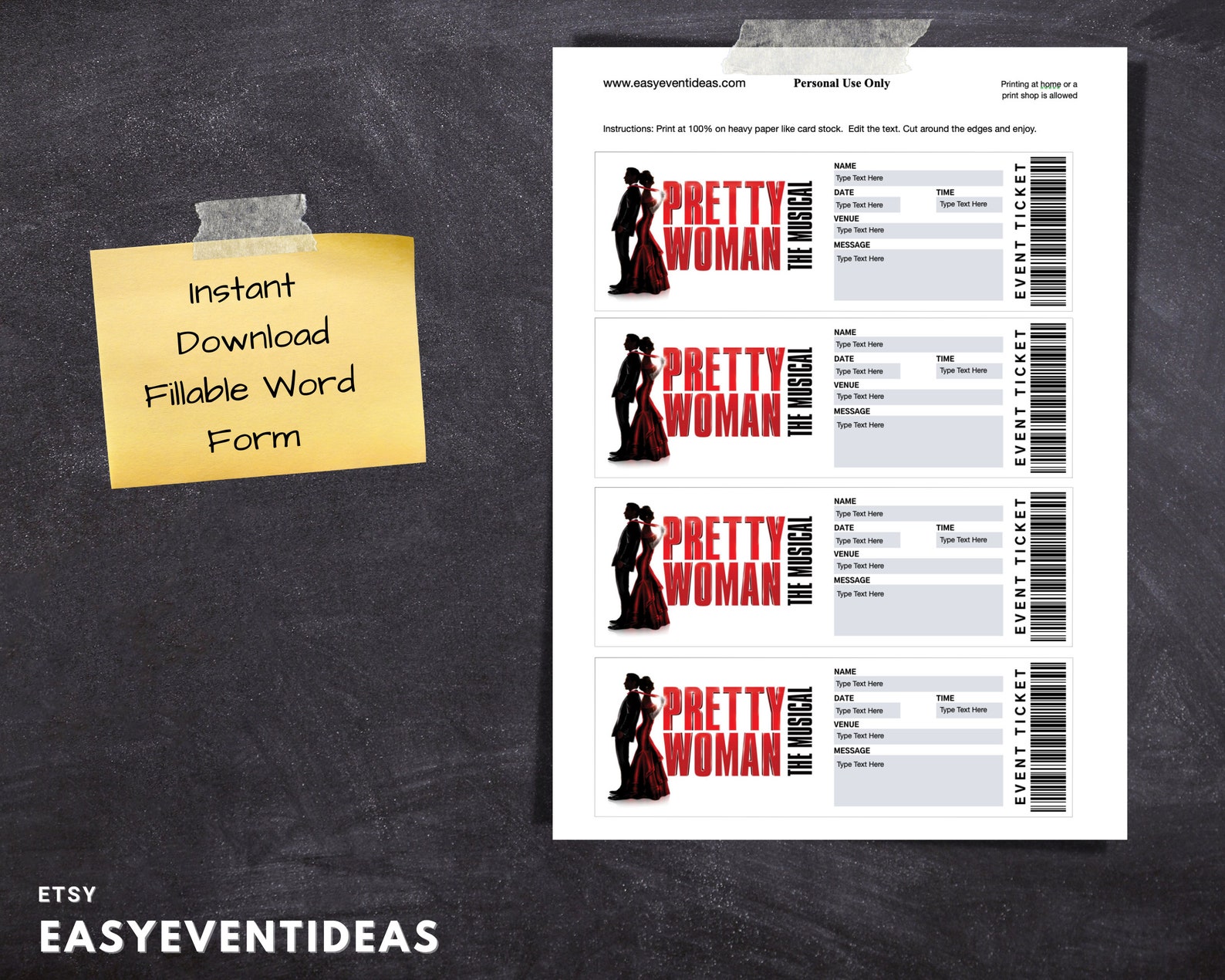 Printable Pretty Woman Ticket | Editable Tickets | Musical Fake ...