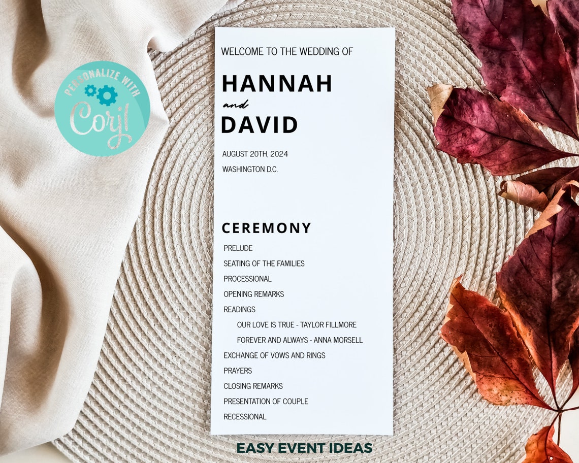 Modern Wedding Program Template, Minimalist Program, Printable Ceremony ...