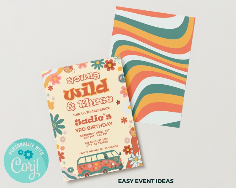 Retro Birthday, Party Hippie 70s Party Invitation, Editable Digital ...