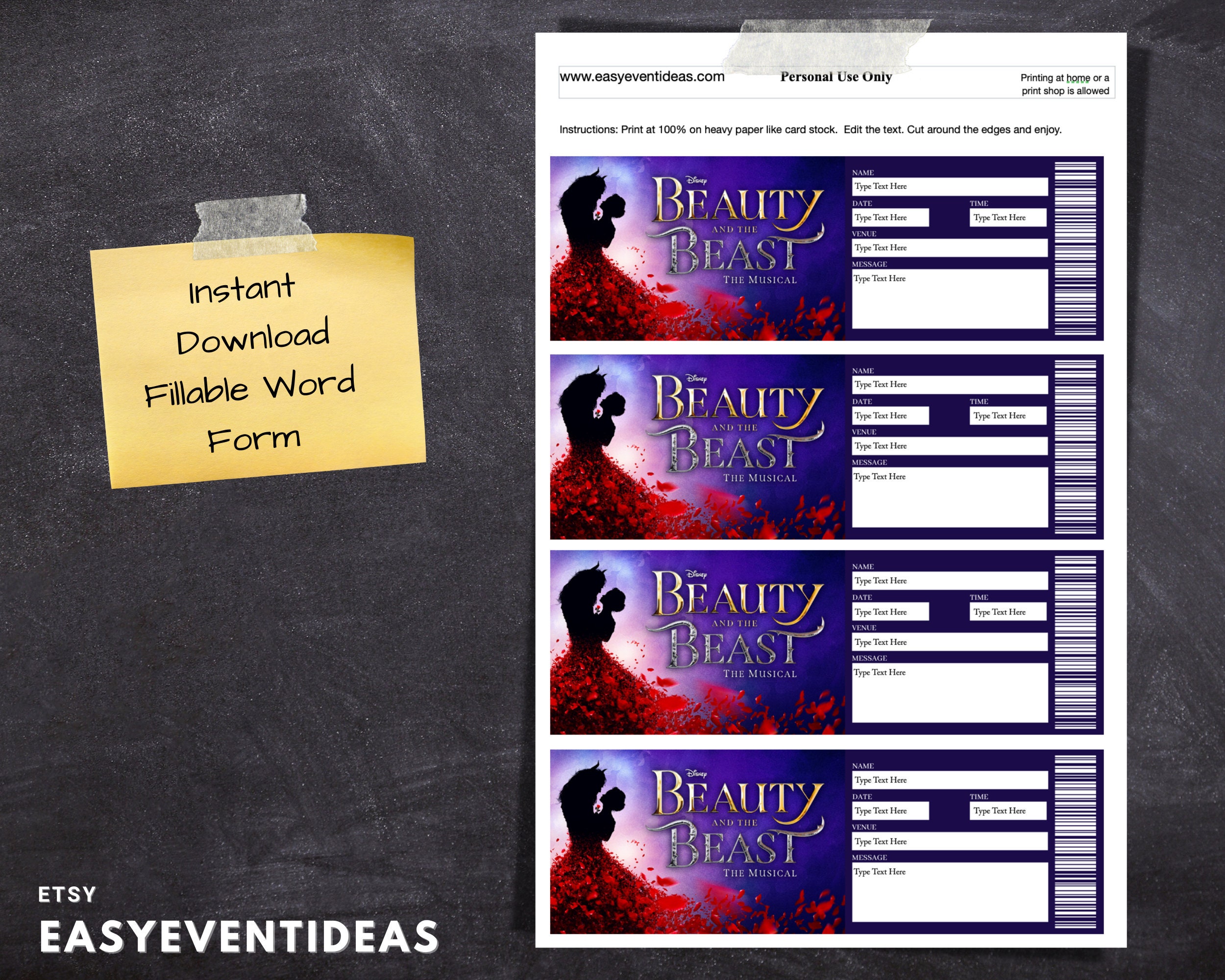 Printable Beauty and the Beast Ticket | Editable Tickets | Musical Fake ...