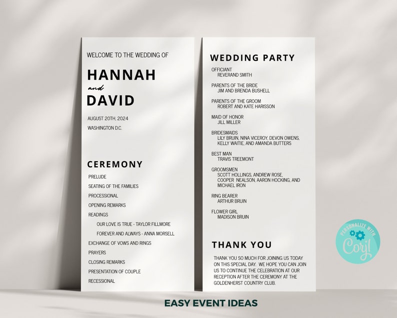 Modern Wedding Program Template, Minimalist Program, Printable Ceremony ...