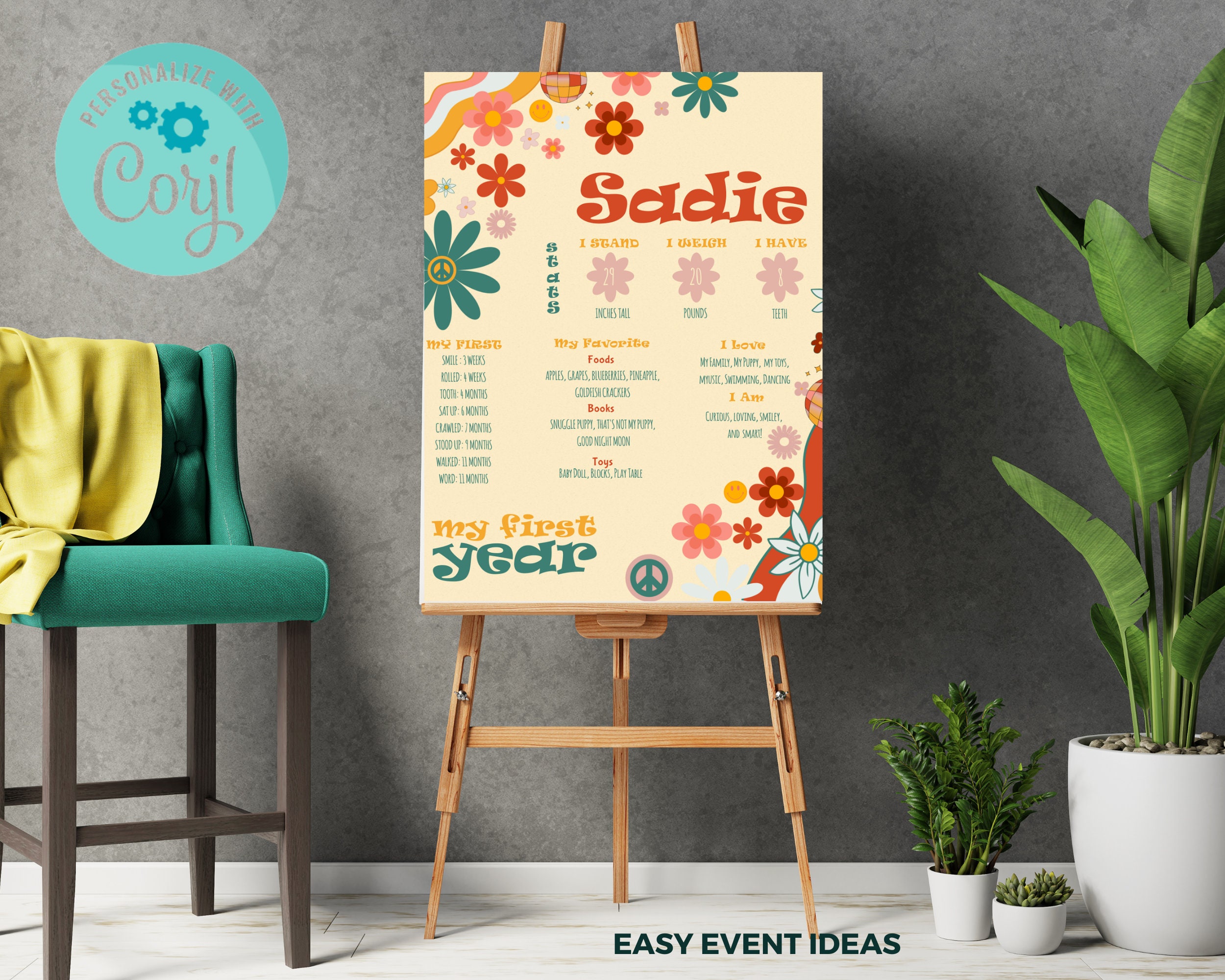 Retro Birthday, Groovy Birthday, Party Hippie 70s Party, Editable ...