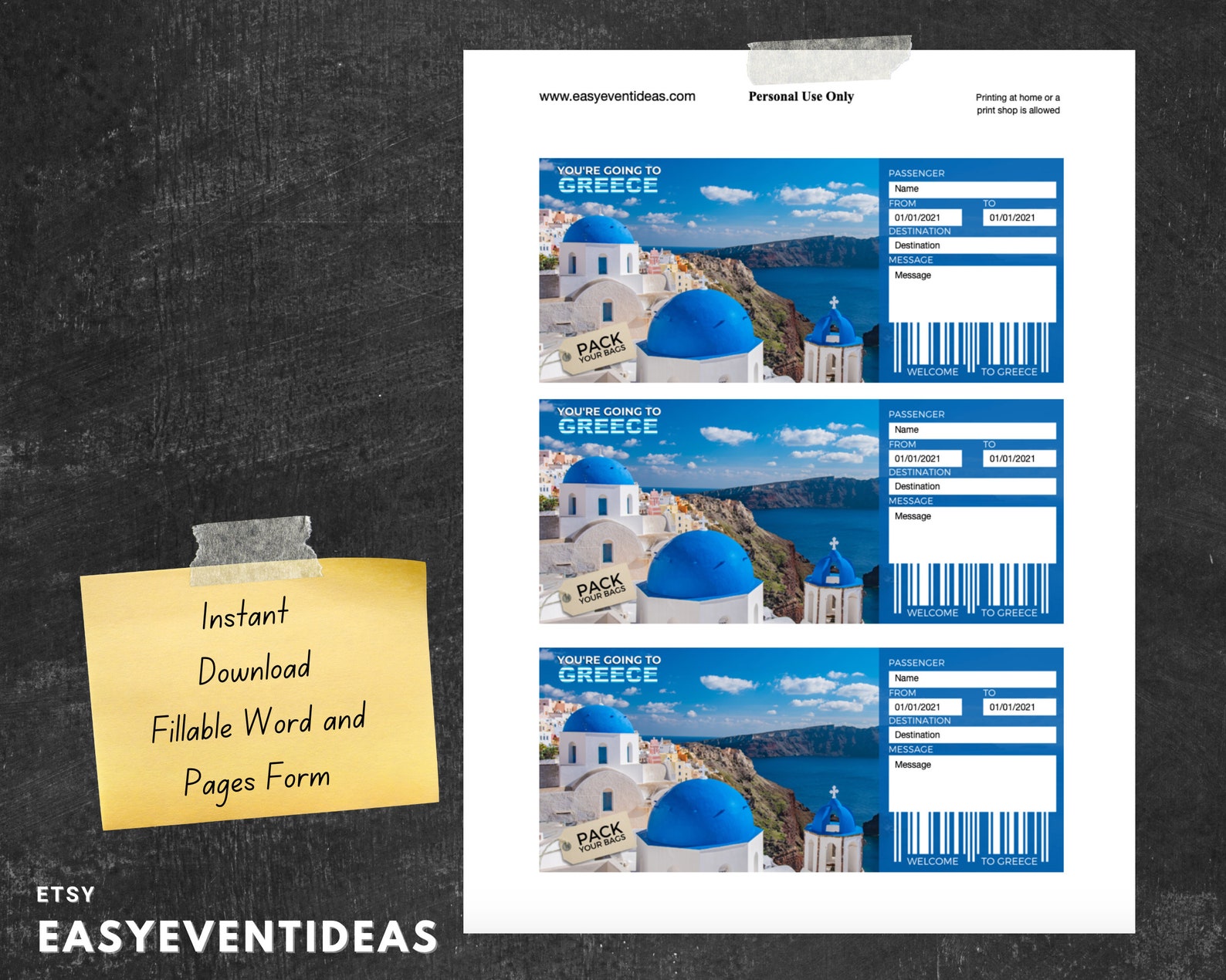 Printable Greece Vacation Ticket Souvenir Keepsake (instant Download ...