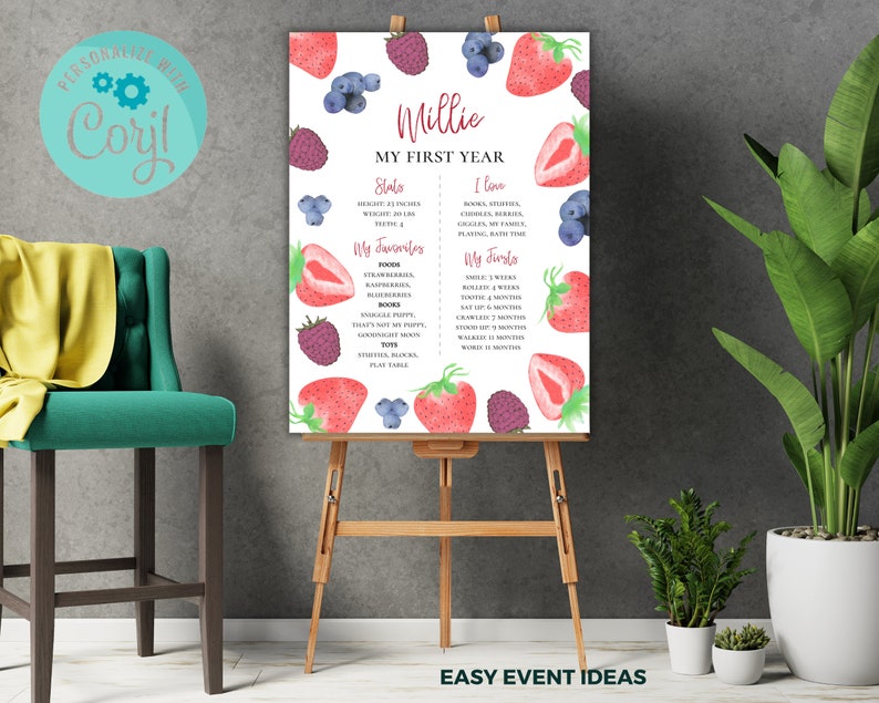 Strawberry Birthday Milestone Board, Berry First Birthday, Editable ...