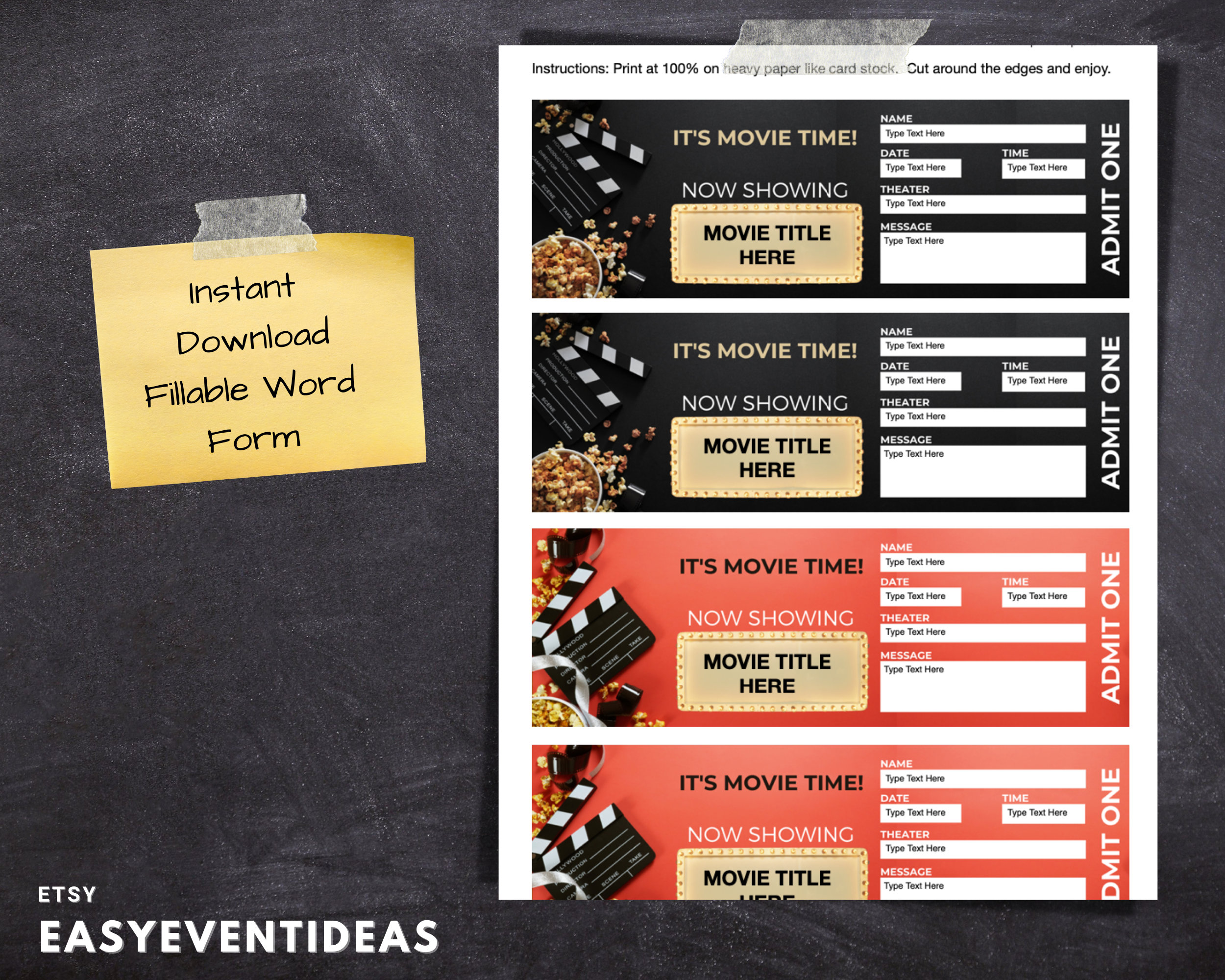 Printable Movie Night Ticket | Editablemovie Night Tickets | Fake ...