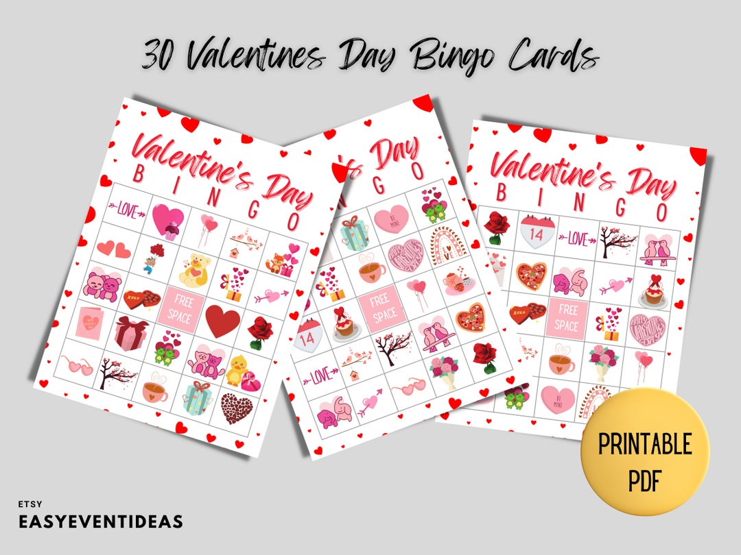 30 Printable Valentine's Day Bingo Cards, School Valentine's Day Party ...