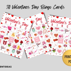 30 Printable Valentine's Day Bingo Cards, School Valentine's Day Party ...