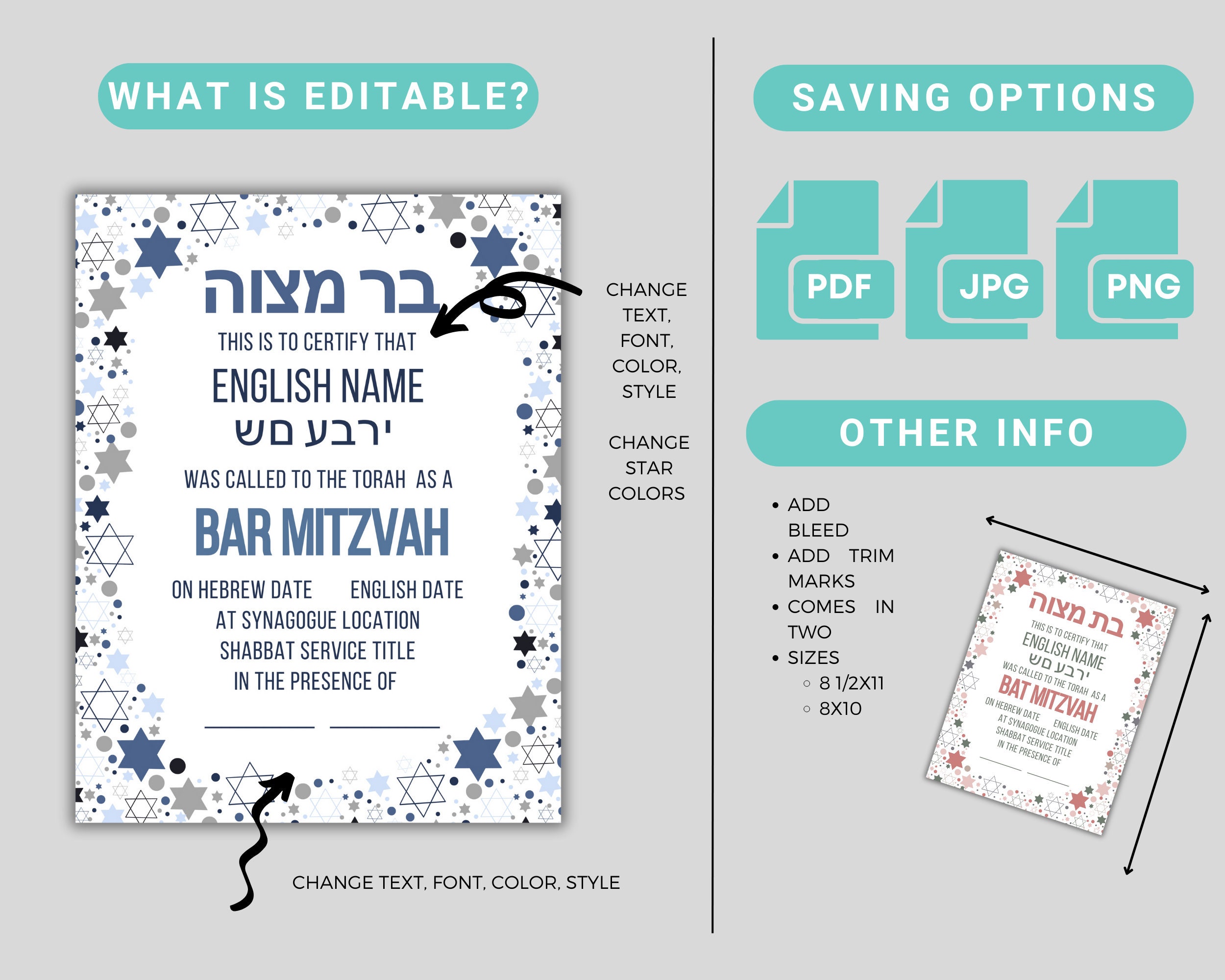 Editable Star Mitzvah Certificate, Bar/bat Mitzvah, 8x10 & 8.5x11 ...
