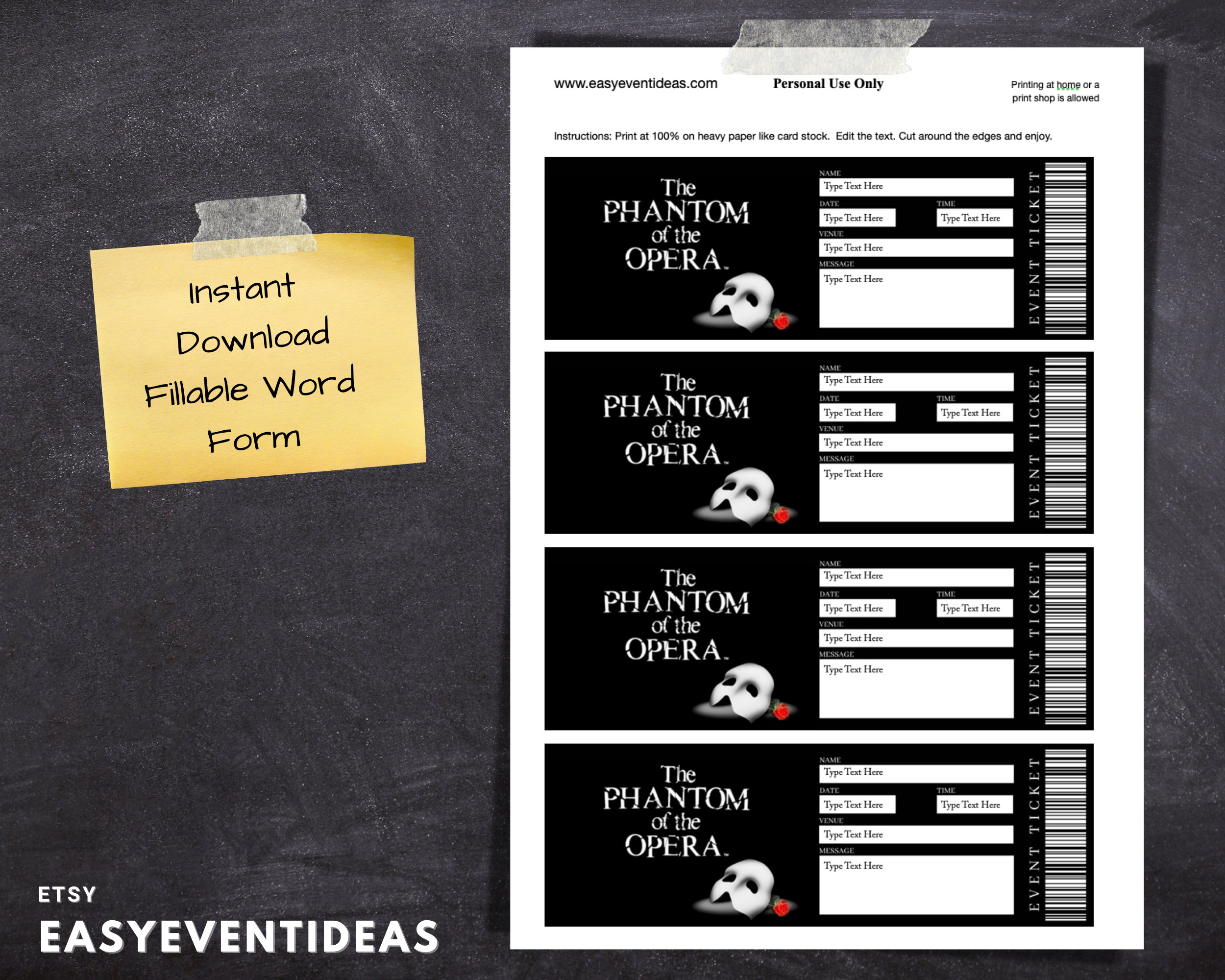 Printable Phantom of the Opera Ticket | Editable Tickets | Musical Fake ...