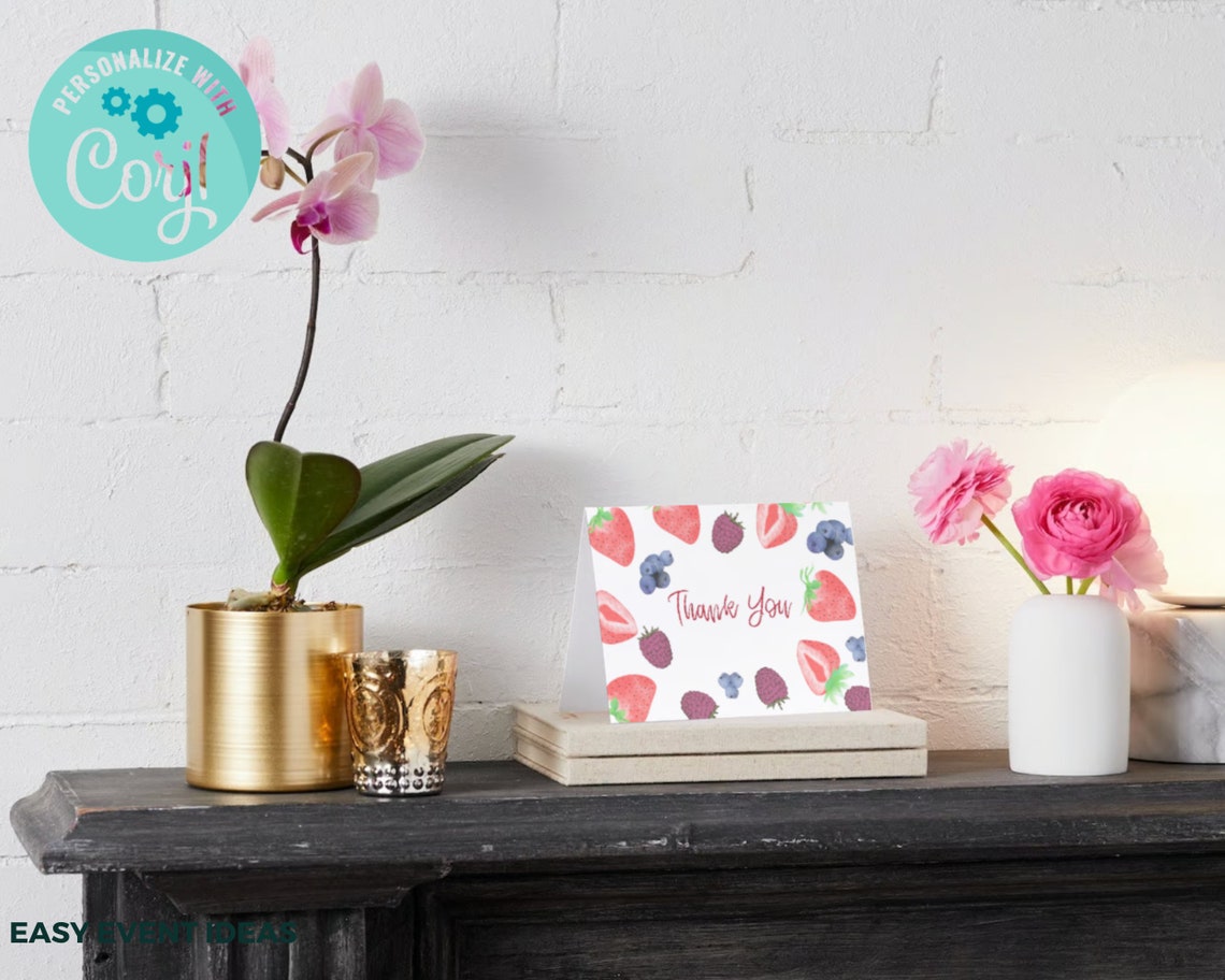 Berry First Birthday Thank You Card, Editable Template (digital ...